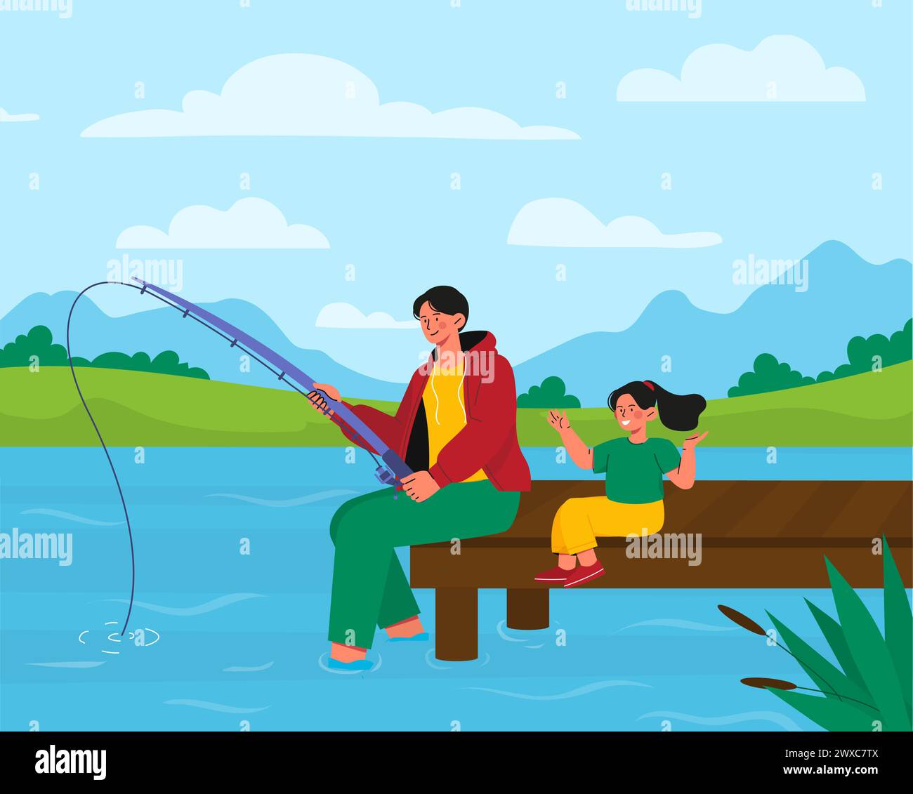 Vintage boy and father fishing Banque d'images vectorielles - Alamy