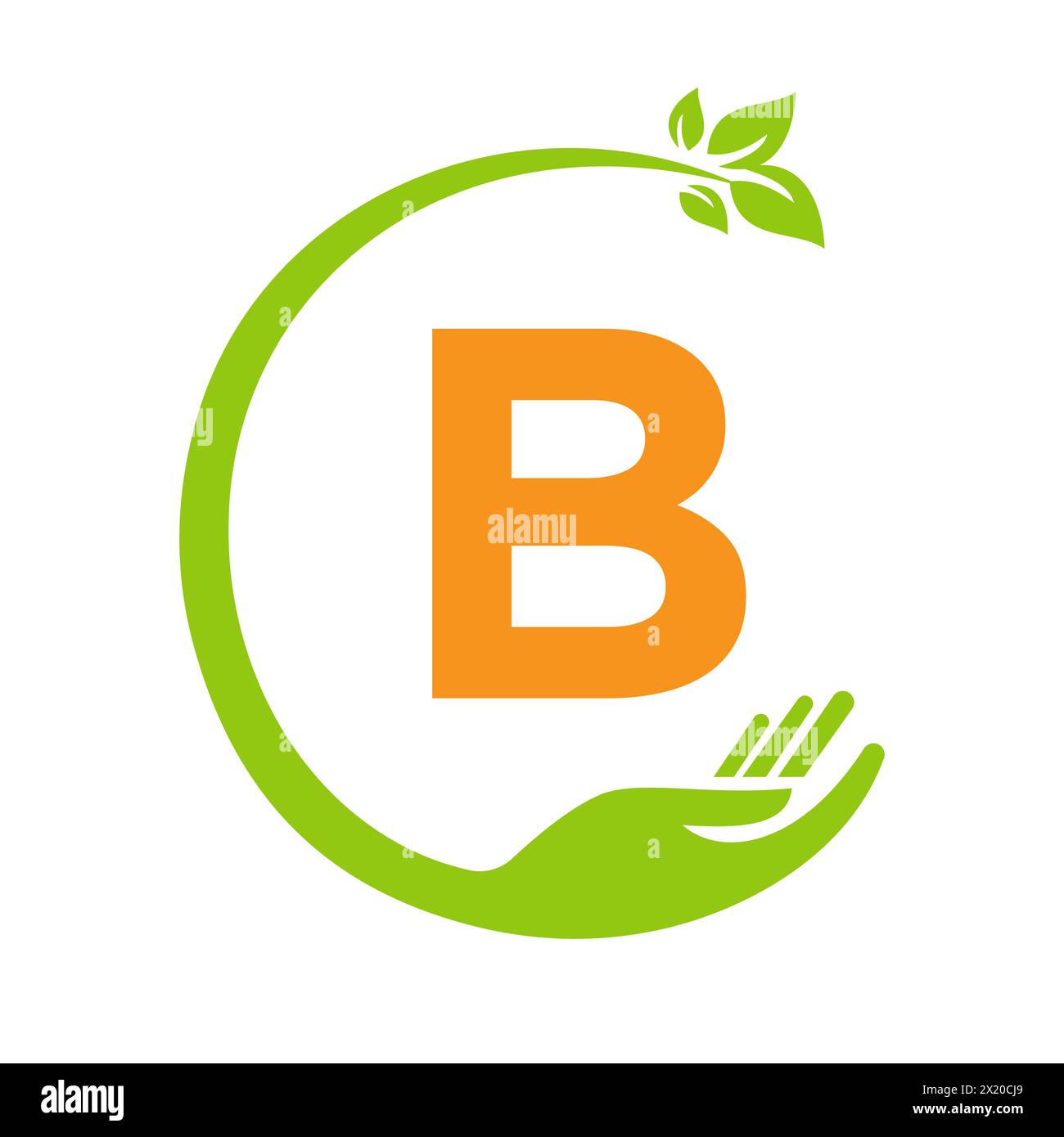Logo ECO sur la lettre B concept avec symbole main et feuille. Affiche ...