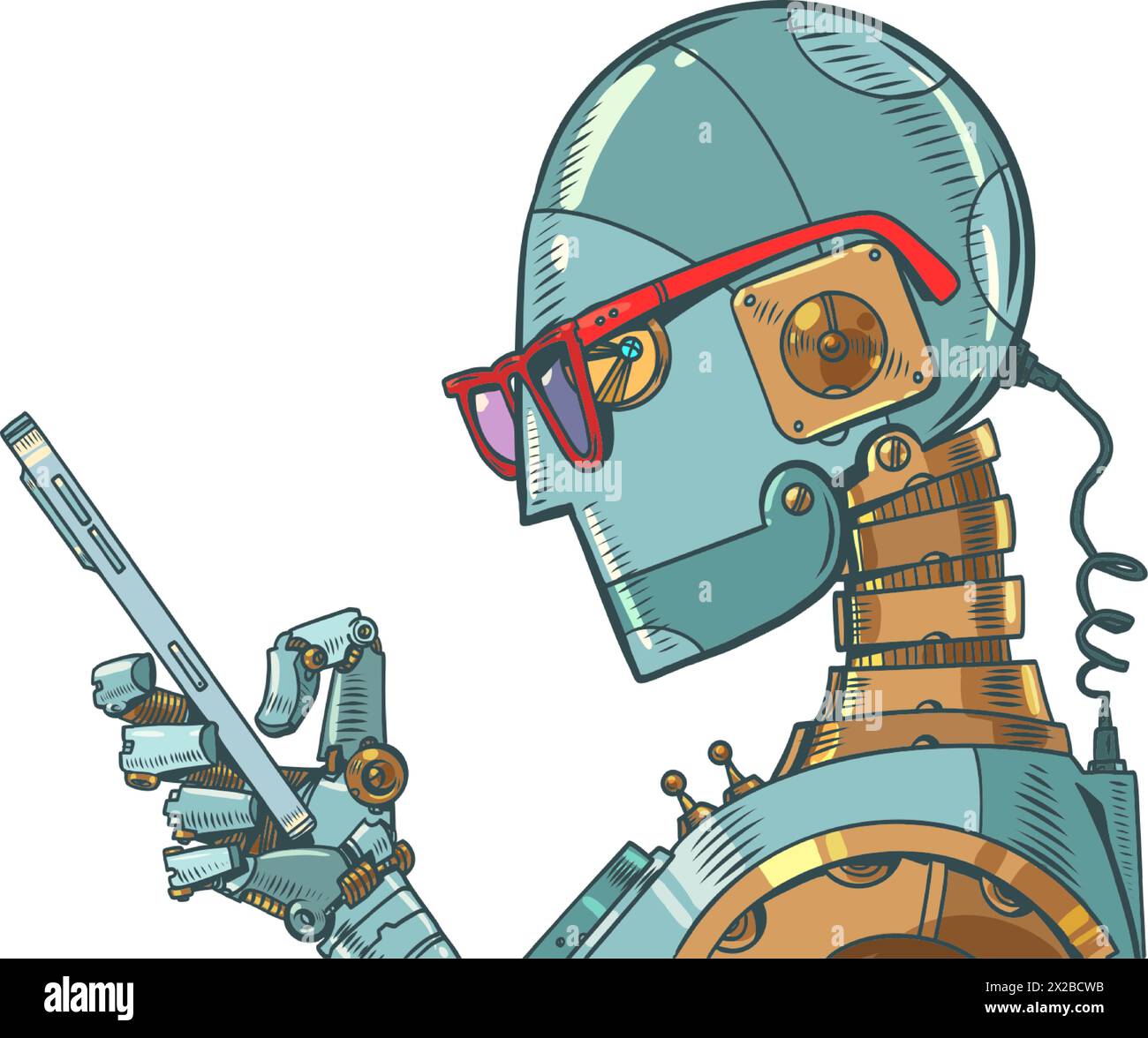 Un robot avec des lunettes regarde le téléphone. Bots sur les réseaux ...