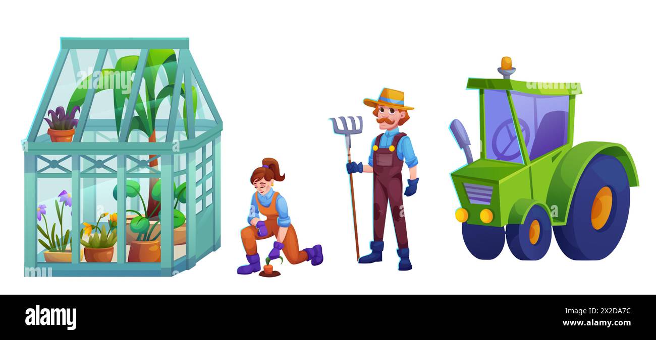 Serre de ferme et tracteur ensemble isolé sur fond blanc. Illustration ...