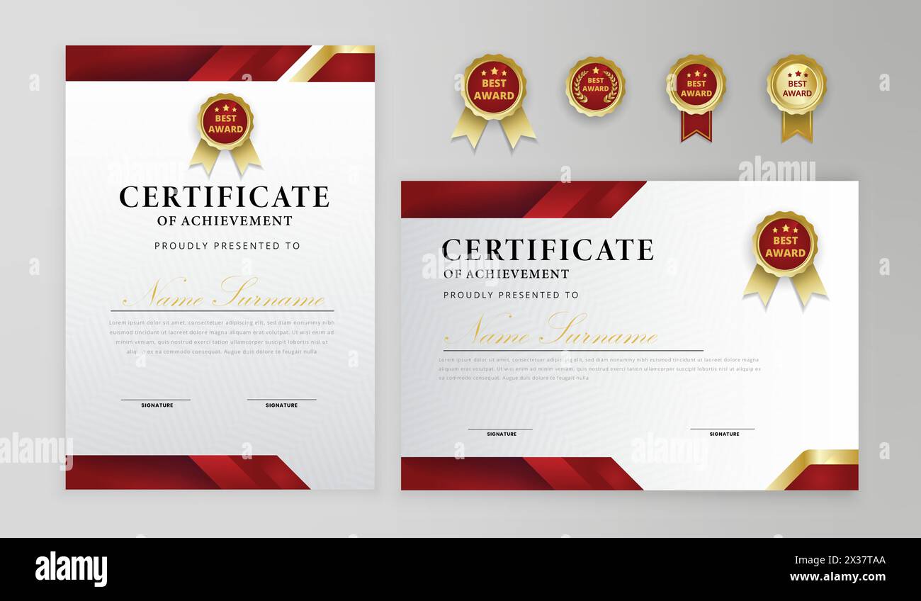 Modèle de badges de bordure de certificat rouge et or pour les affaires ...