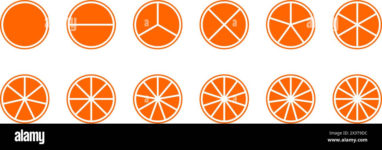 Cercles orange divisés en fractions de 1 à 12 isolés sur fond blanc ...