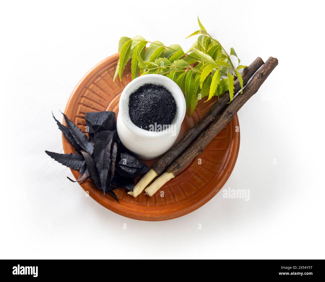 Neem Datun, poudre de dent noire avec feuilles de Neem, bâton de Neem ...