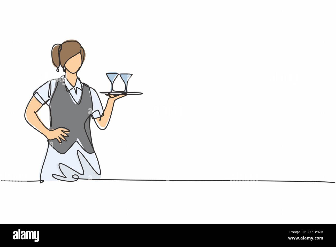 Dessin continu d'une ligne de jeune serveuse féminine apportant du ...