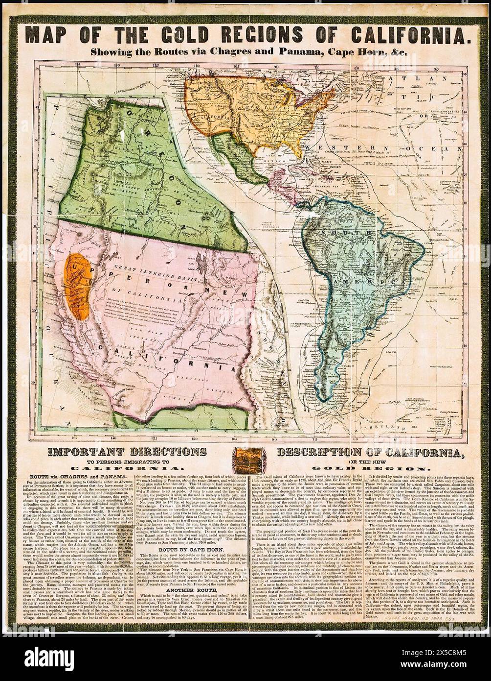 Carte des régions aurifères de Californie, montrant les routes via ...