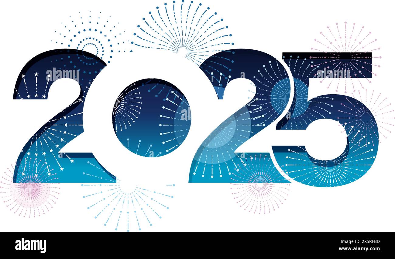 Le logo du symbole de voeux du nouvel an 2025 décoré de feux d'artifice ...