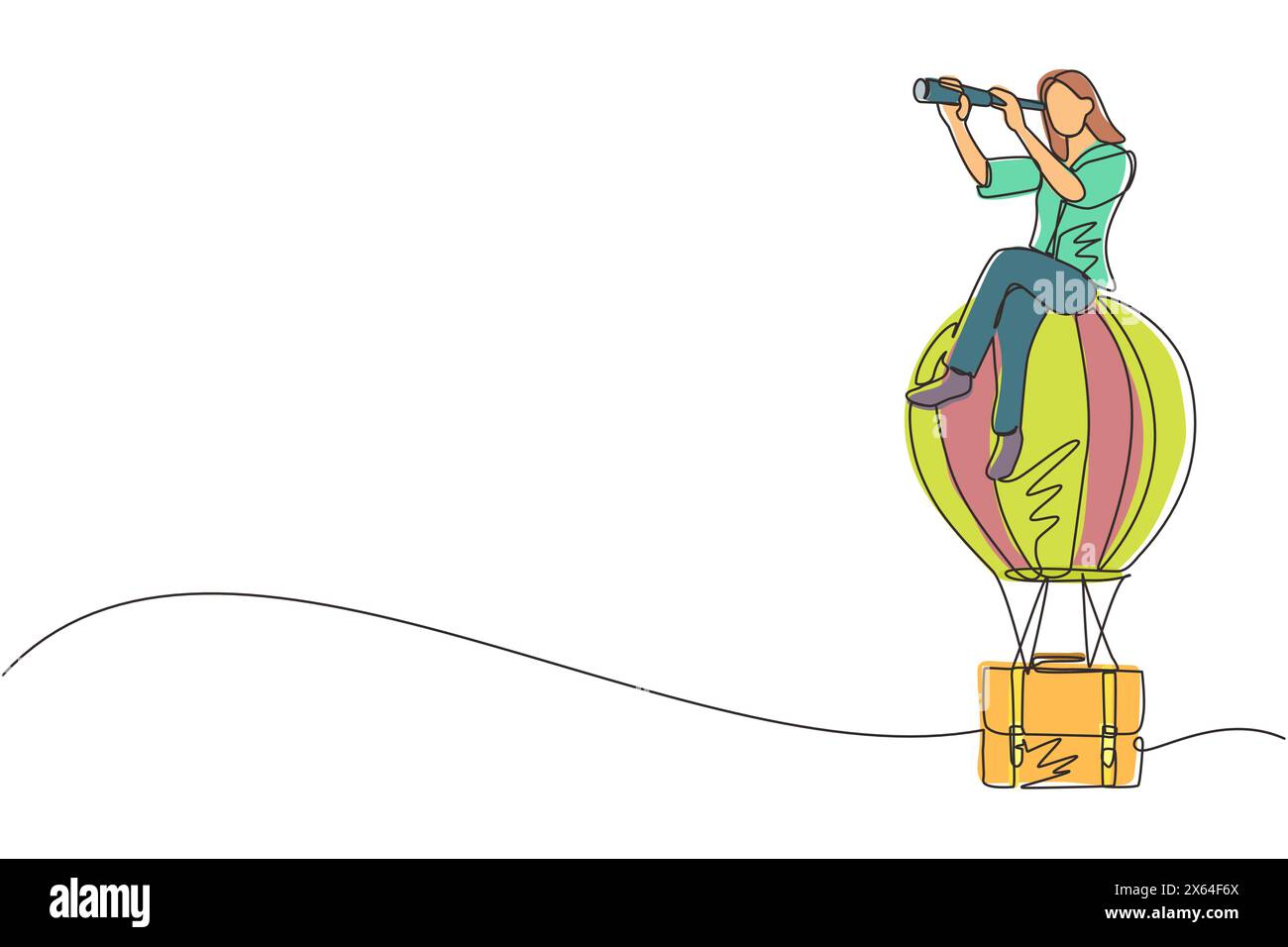 Continue d'une ligne dessinant femme d'affaires assise et regardant à travers le télescope dans ...