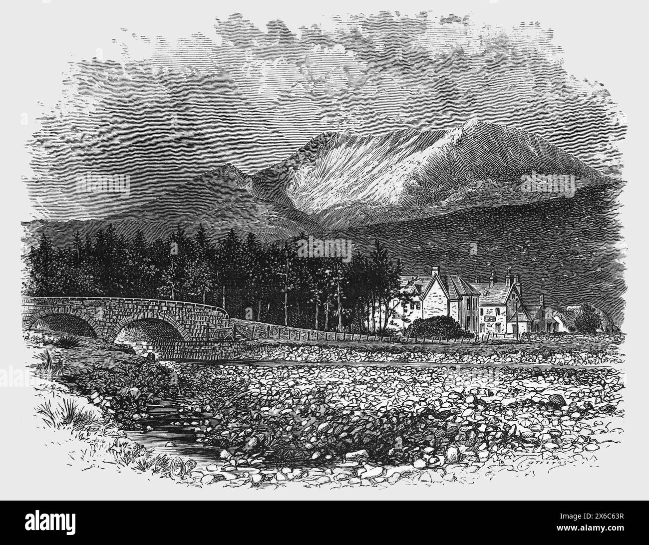 Ben Bay et Kinlochewe Hotel. Fin du XIXe siècle. Illustration en noir ...