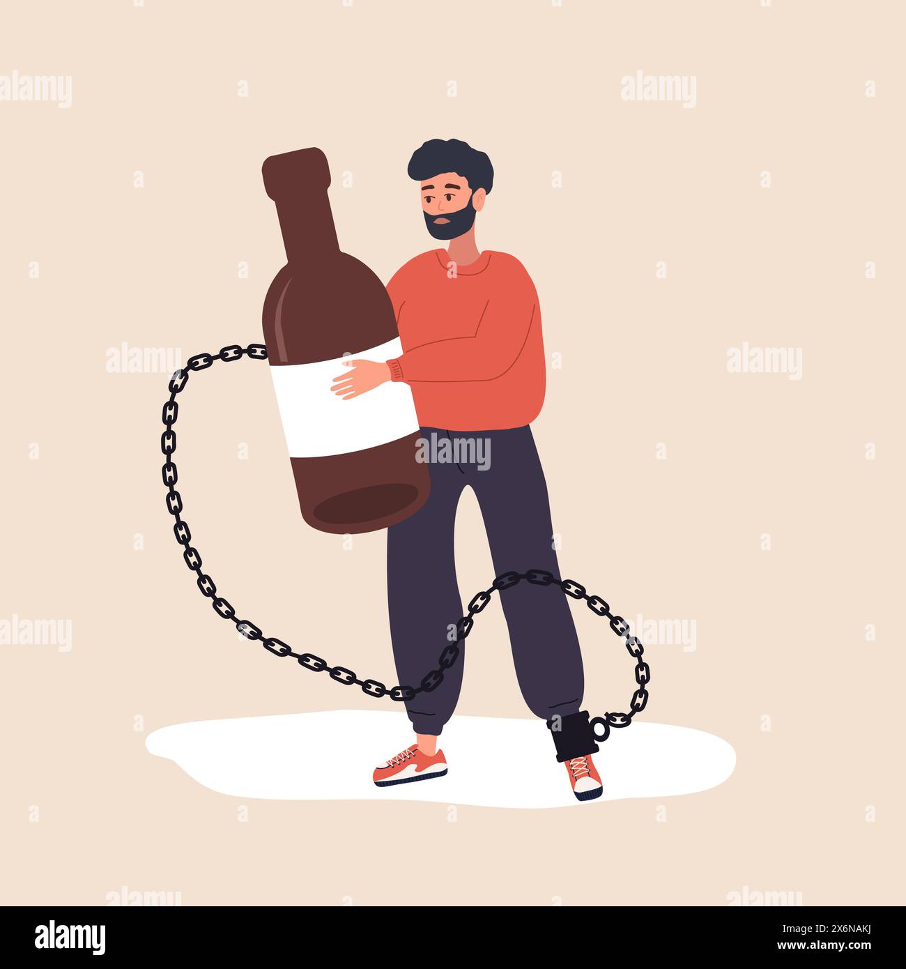 Alcoolisme chronique. Homme ivre enchaîné à une bouteille d'alcool ...