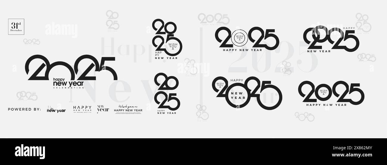 Grand ensemble de dessins de texte de logo Happy New Year 2025. Modèle ...