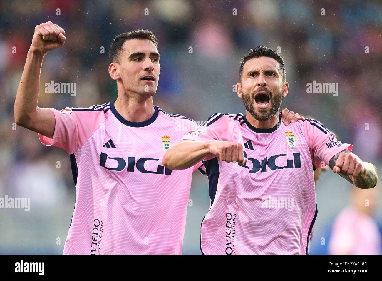 Borja Baston et Dani Calvo du Real Oviedo réagissent lors du match ...