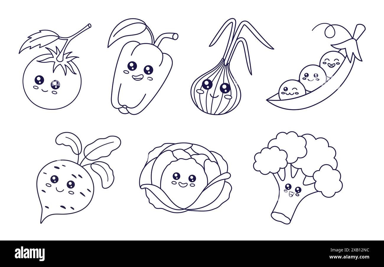 Mignon kawaii line art légumes ensemble dans le style de bande dessinée ...