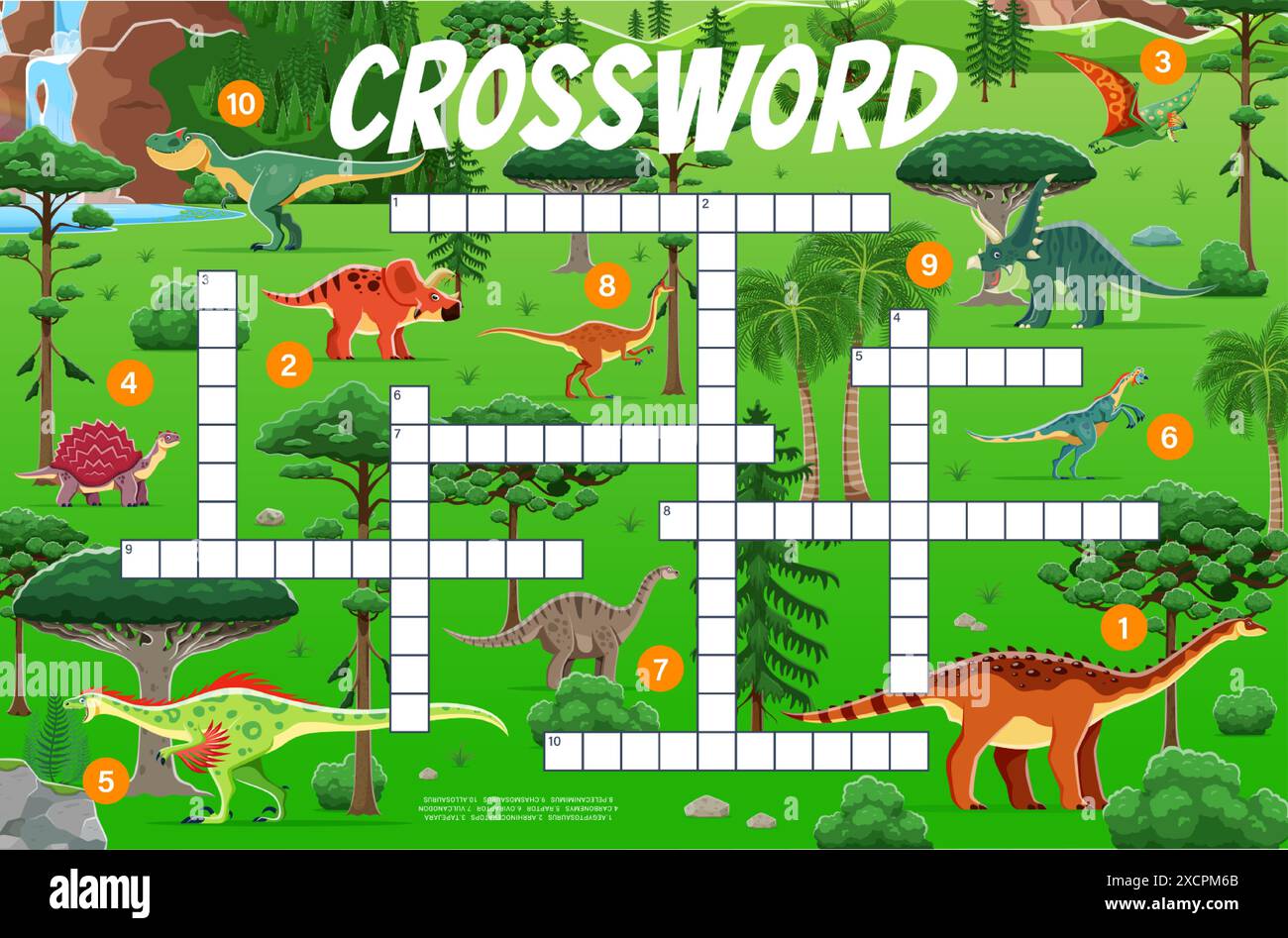 Grille de jeu de quiz de mots croisés avec dinosaures de bande dessinée ...