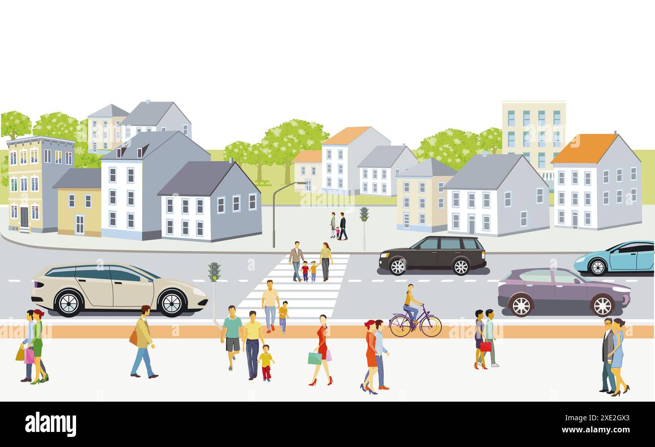 Circulation routière avec piétons et passage piéton, illustration Photo ...