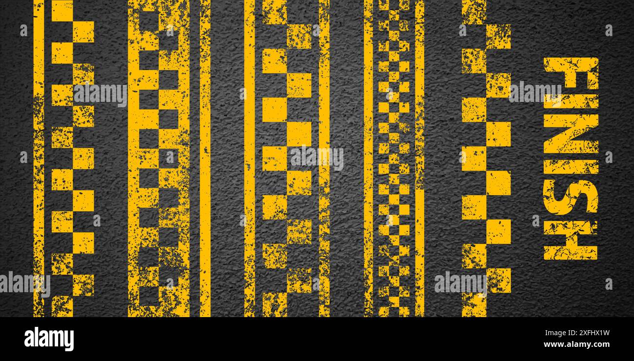 Route asphaltée avec marquage de ligne en damier jaune de début ou de ...