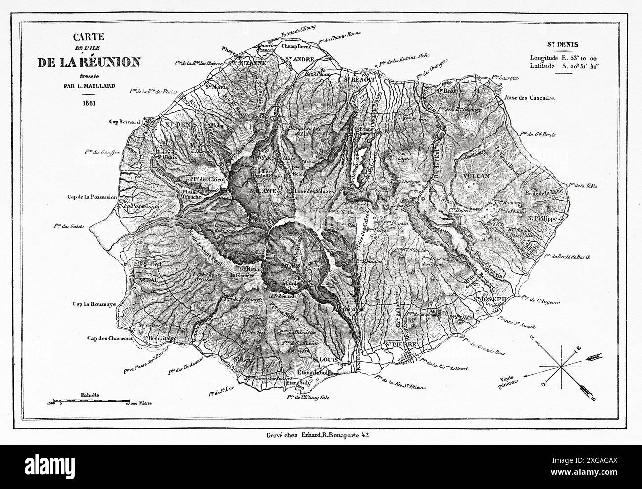 Ancienne carte de l'île de la Réunion. Océan Indien occidental. Voyage ...