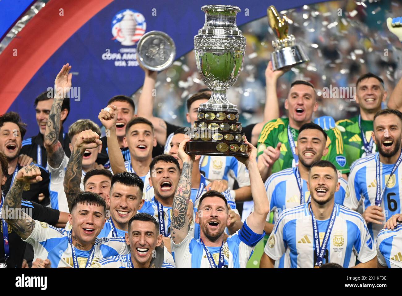 14 juillet 2024 : Miami Gardens, Floride, États-Unis : Ángel Di María, Lionel Messi, Lautaro ...