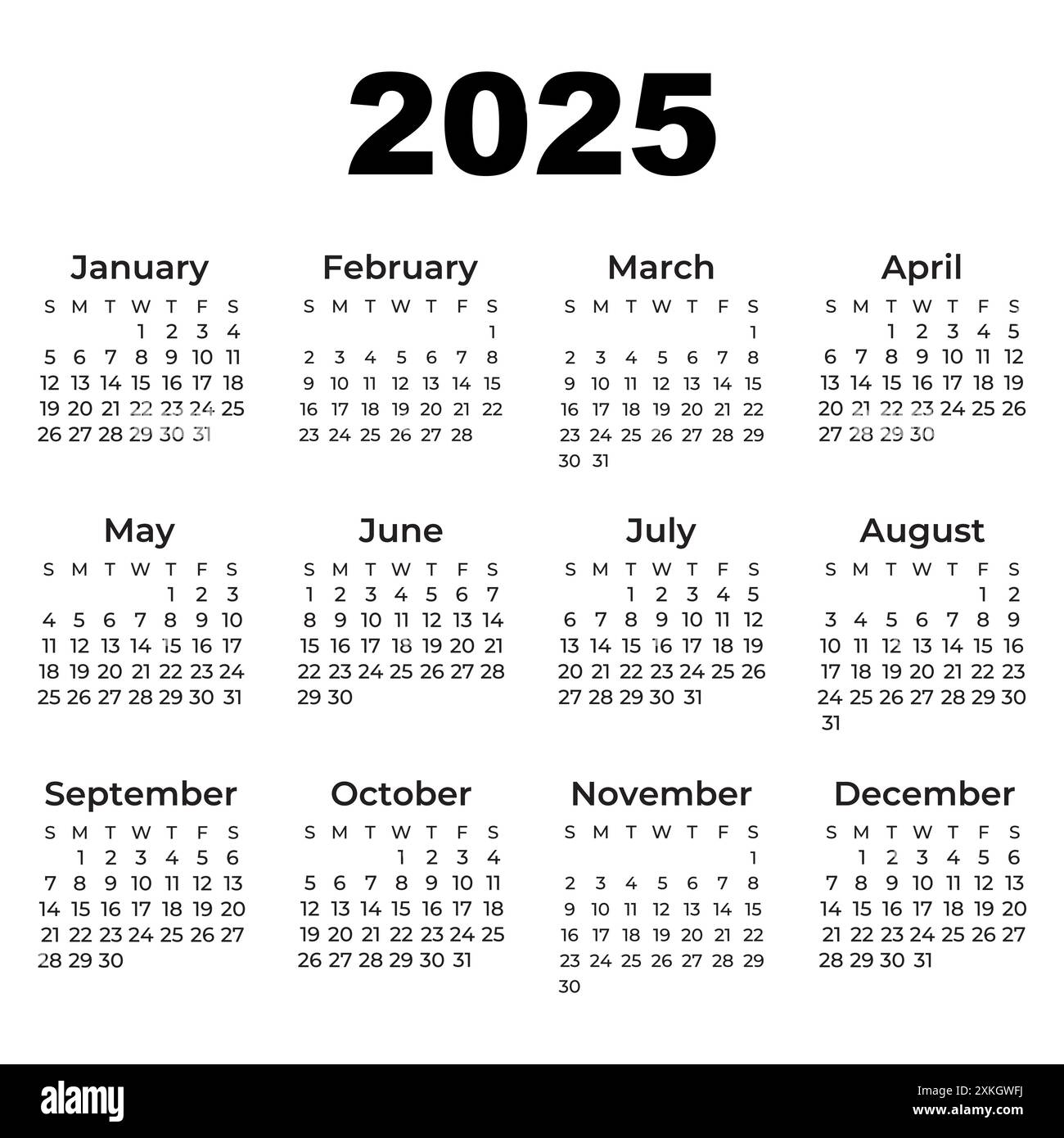 Calendrier pour 2025. Modèle de calendrier trimestriel pour l'année ...