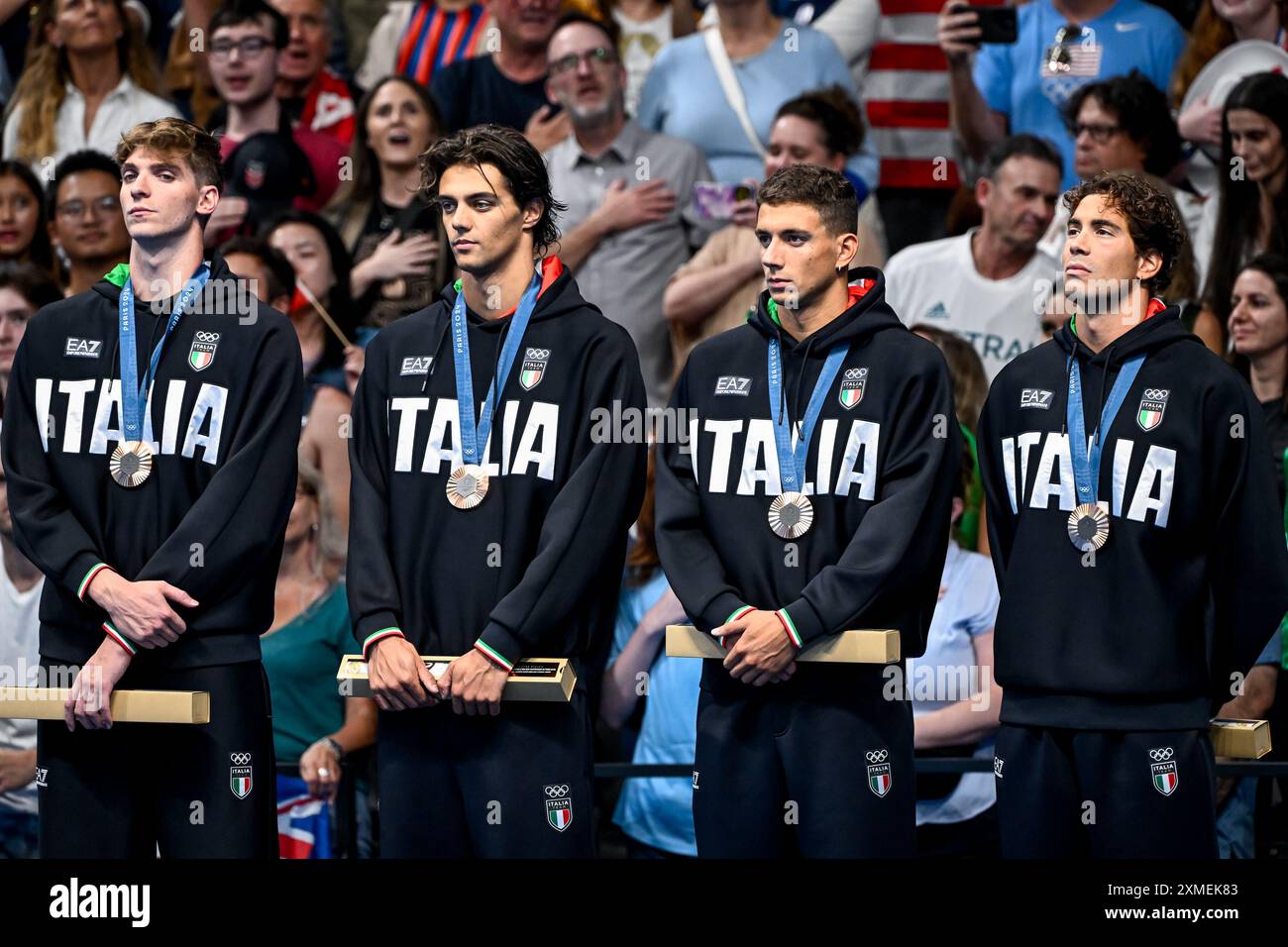 Paris, France. 27 juillet 2024. Alessandro Miressi, Thomas Ceccon ...