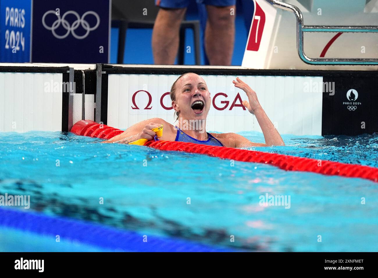 La suédoise Sarah Sjostrom célèbre sa victoire sur la finale du 100 m ...