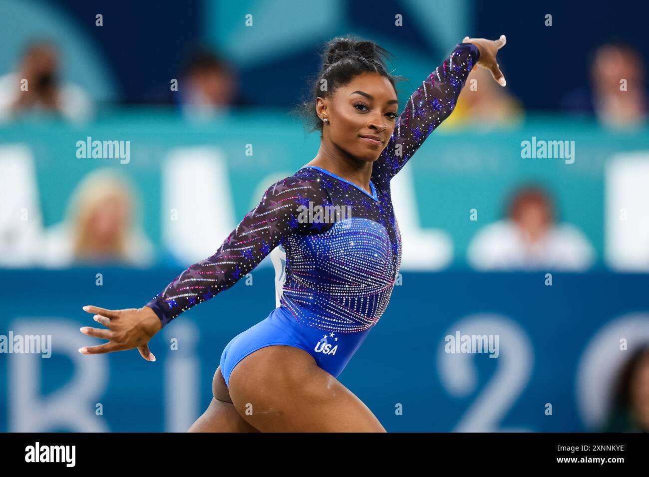 Paris, France, 1er août 2024. Simone Biles des États-Unis se produisant ...