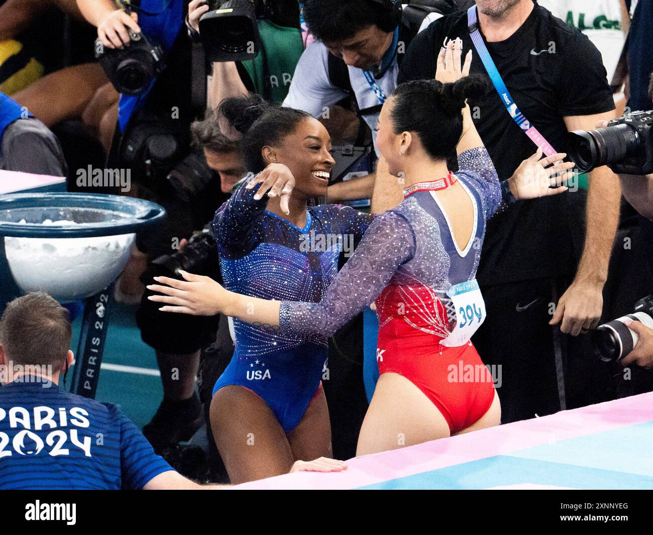 August 1, 2024, Paris, France: Paris 2024: Artistic Gymnastics USA's SIMONE BILES hugs teammate ...