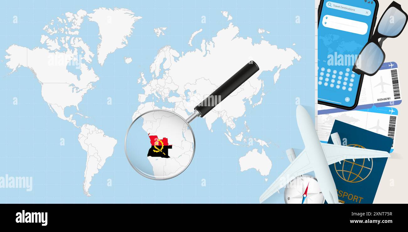 Angola est agrandie sur une carte du monde, illustration avec avion ...