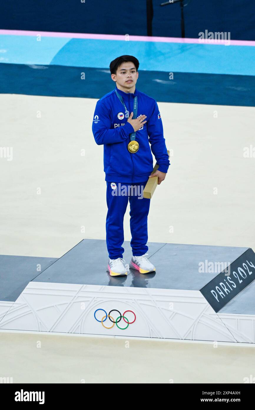 Paris, France. 3 août 2024. Carlos Edriel Yulo ( PHI ) Médaille d'or ...
