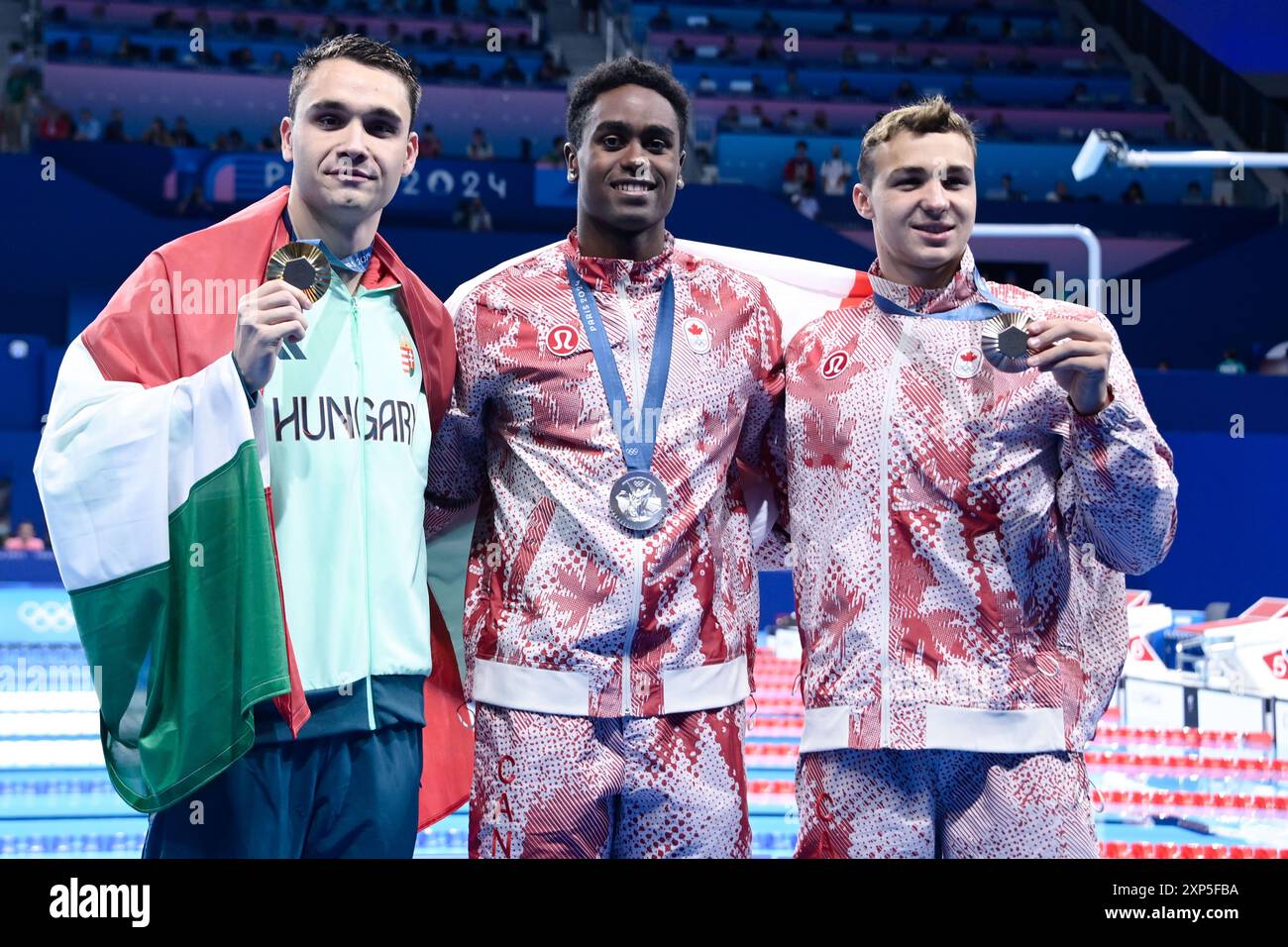 Paris, France. 3 août 2024. Kristof Milak ( HUN ) Médaille d'or, Josh Liendo (CAN ) Médaille d ...