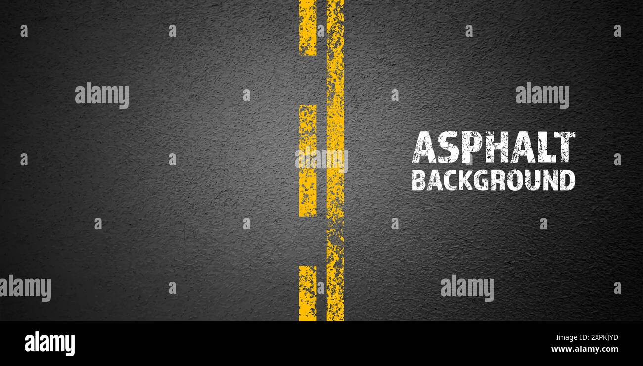 Route asphaltée avec marquage de voie fissuré jaune, surface de route ...