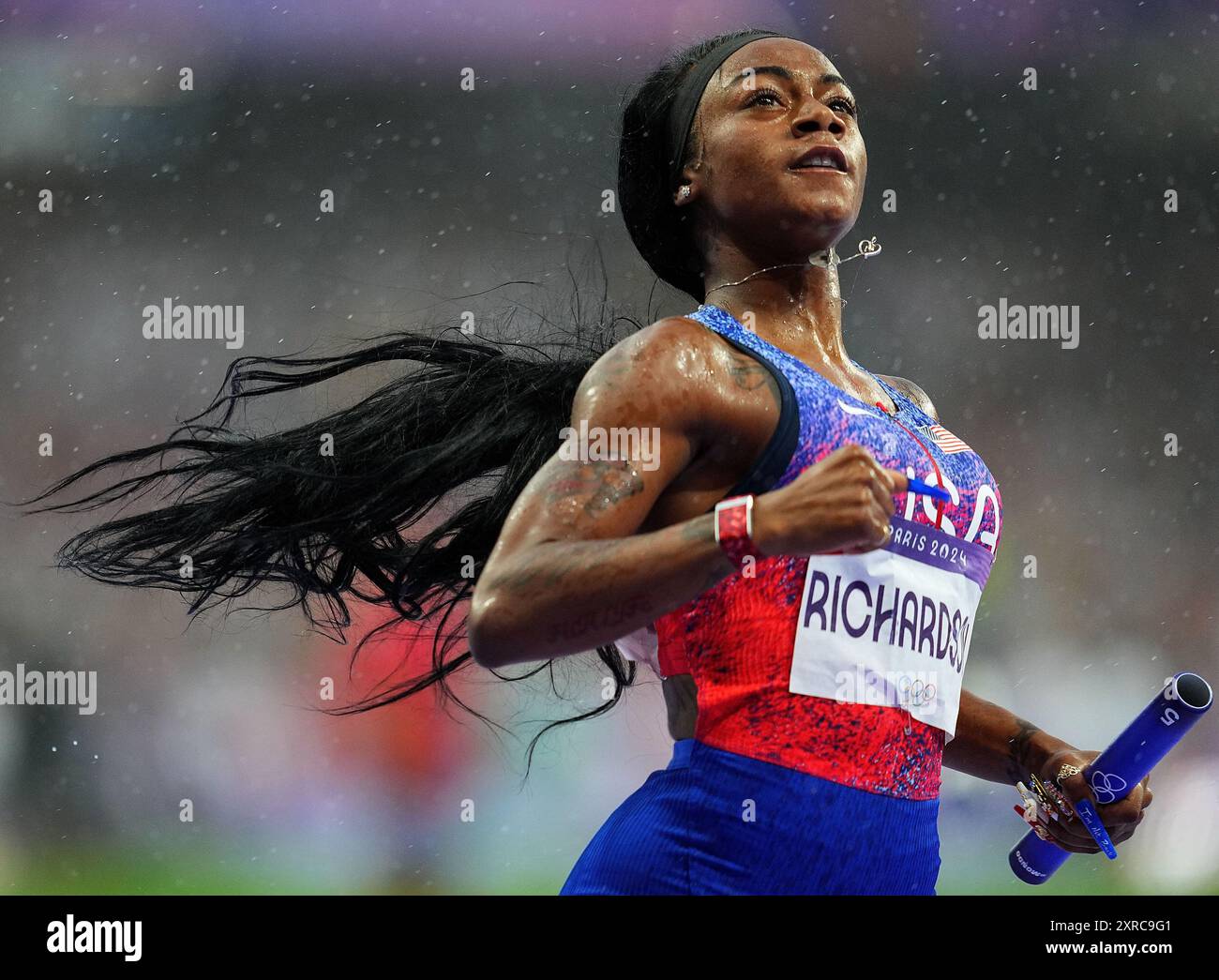 Paris, France. 9 août 2024. Sha'carri Richardson de l'équipe des États-Unis réagit après la ...