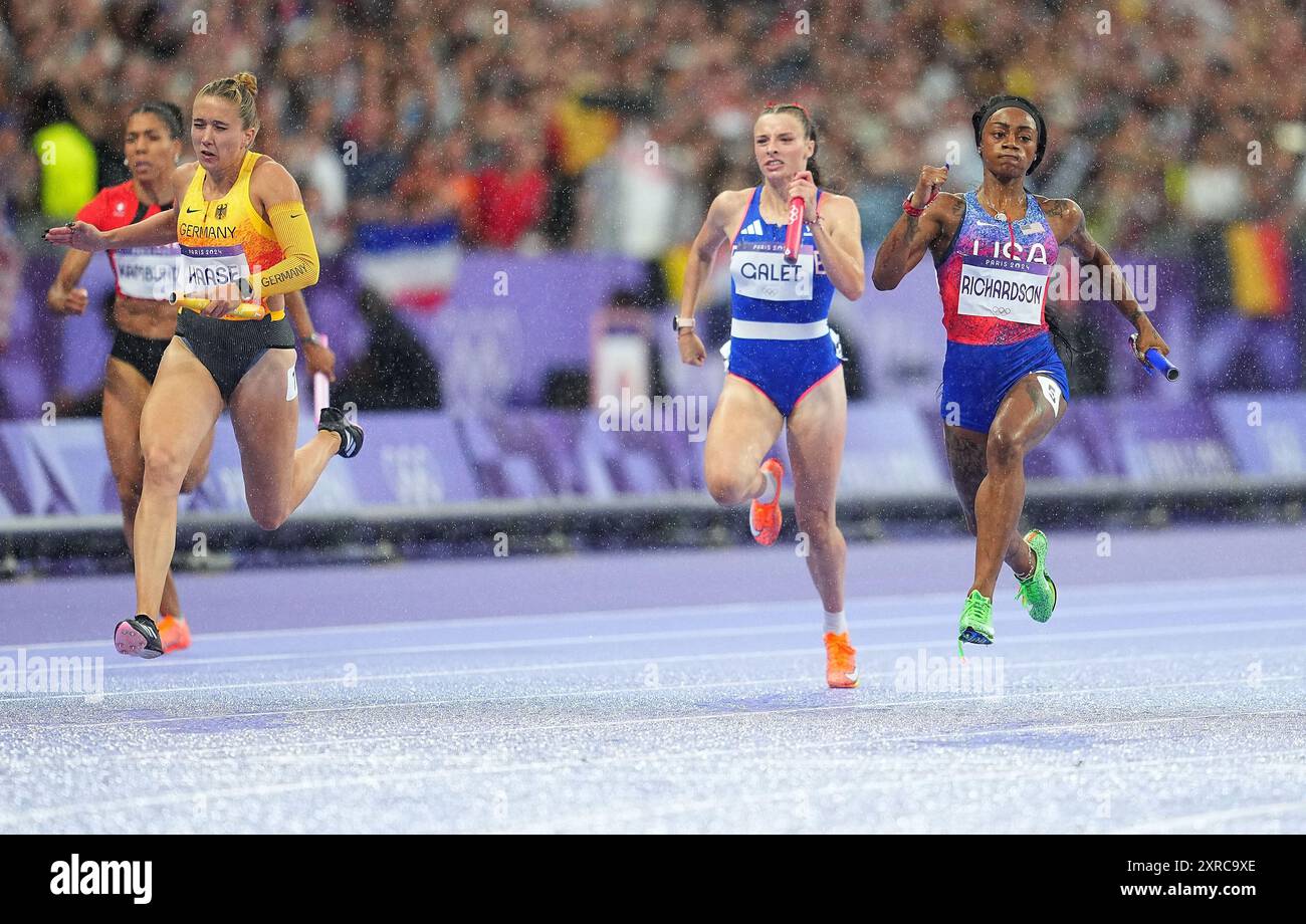 Paris, France. 9 août 2024. Sha'carri Richardson (1ère R) de Team USA participe à la finale du ...