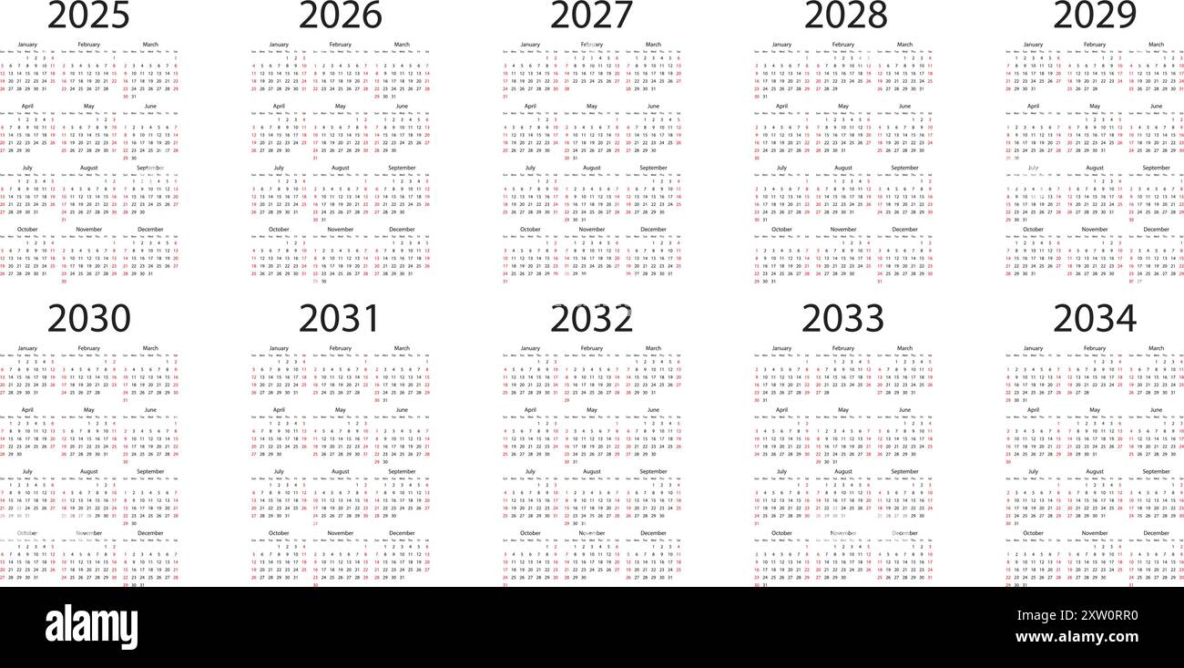 Calendrier grilles de 2025 à 2034 icône dans le style plat ...