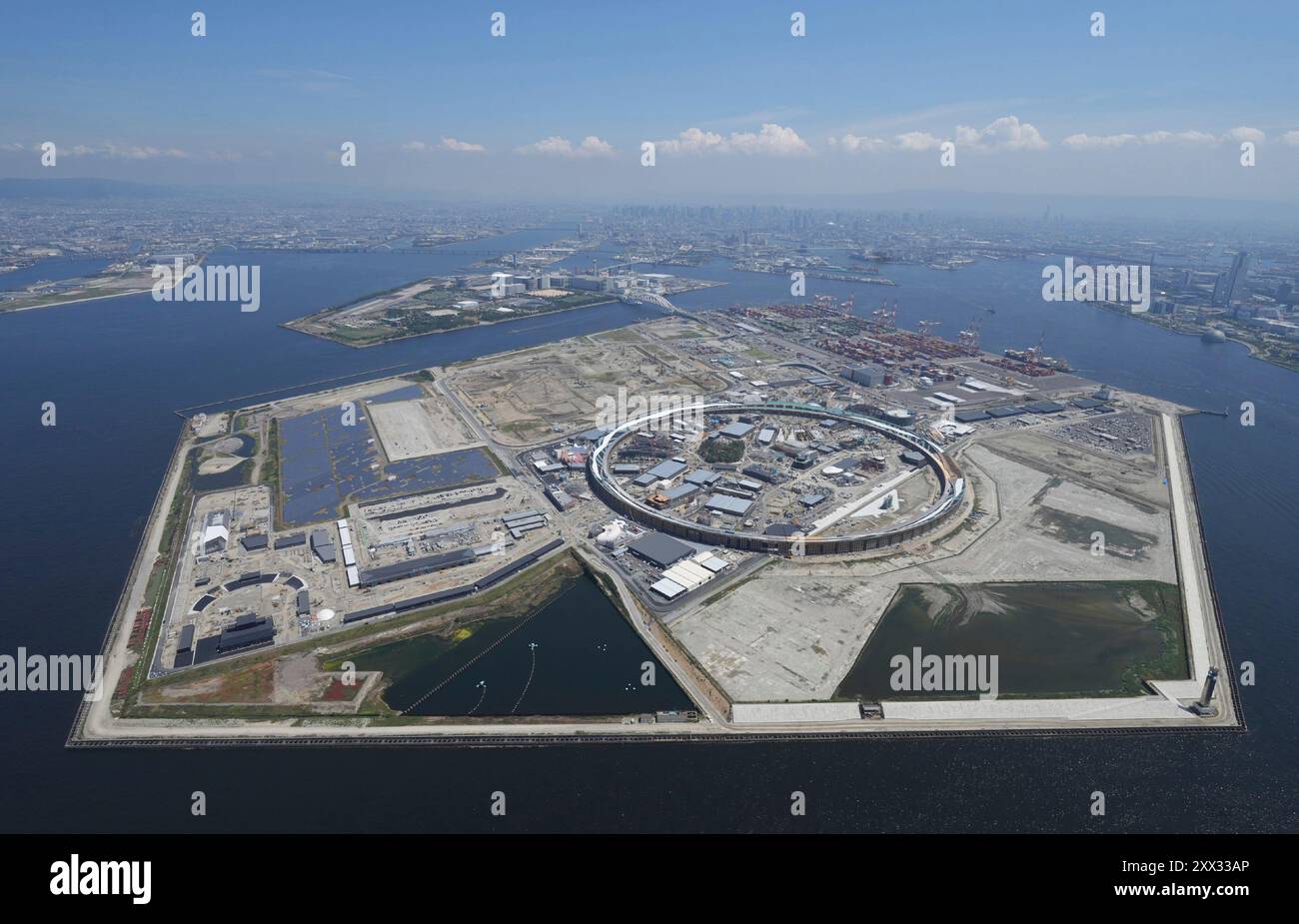 An aerial photo shows Yumeshima, the venue for Expo 2025 Osaka, Kansai ...