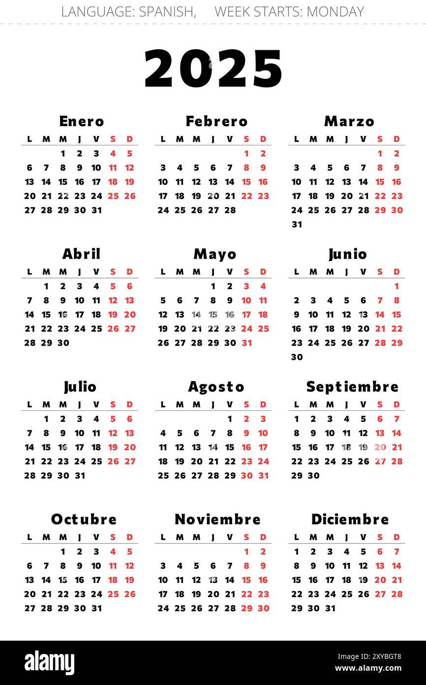 Calendrier espagnol de 2025 ans. Illustration de couleurs noir et rouge ...