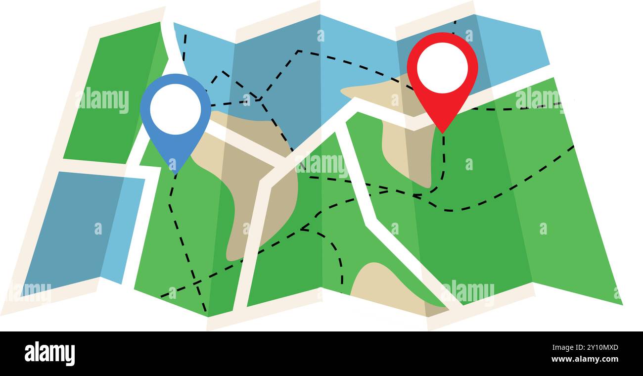 Carte avec deux icônes de localisation, navigation GPS deux points ...
