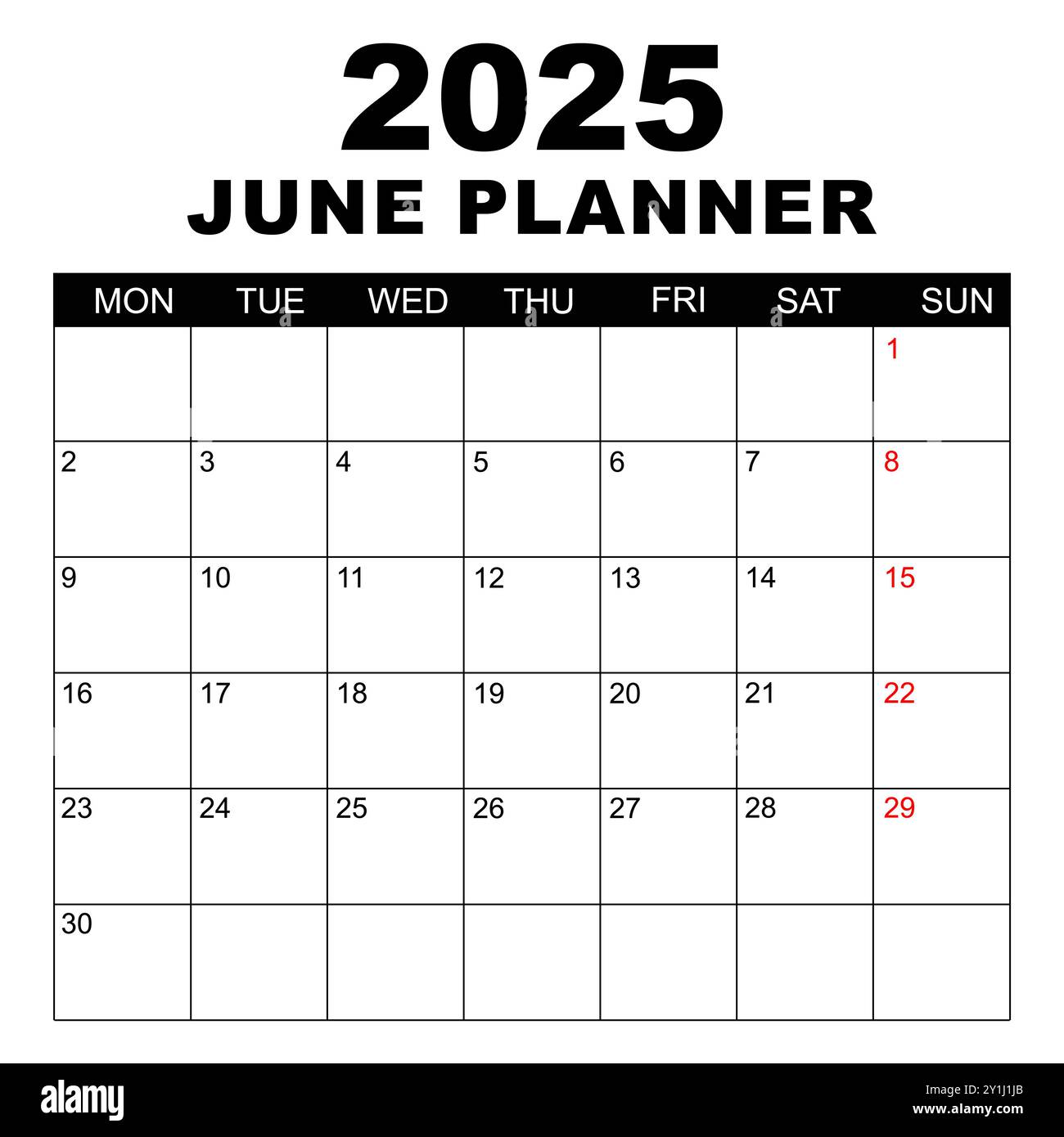 Calendrier de juin 2025. La semaine commence le lundi. Modèle de ...
