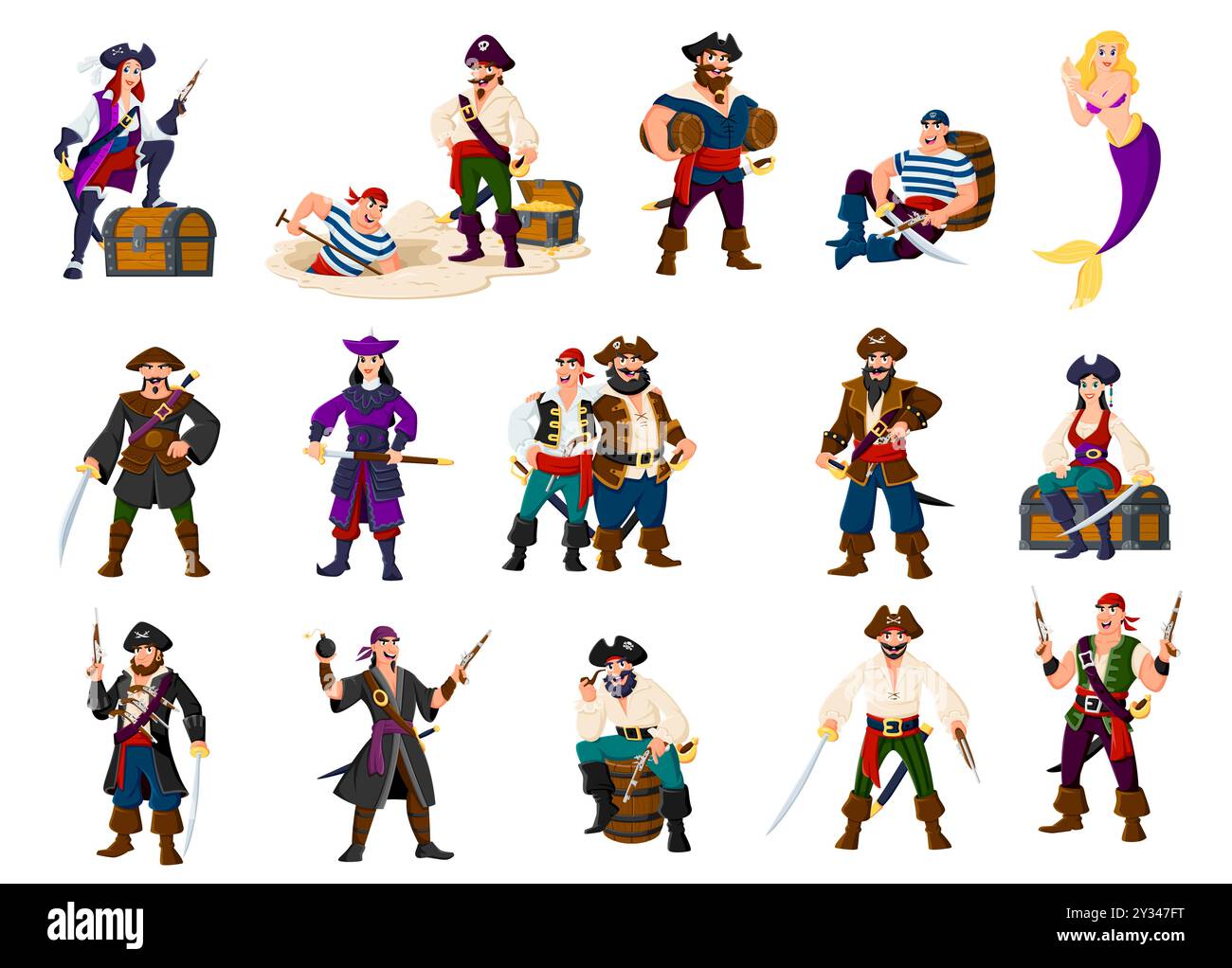 Personnages pirates de marin et de skipper de bande dessinée, corsaires ...