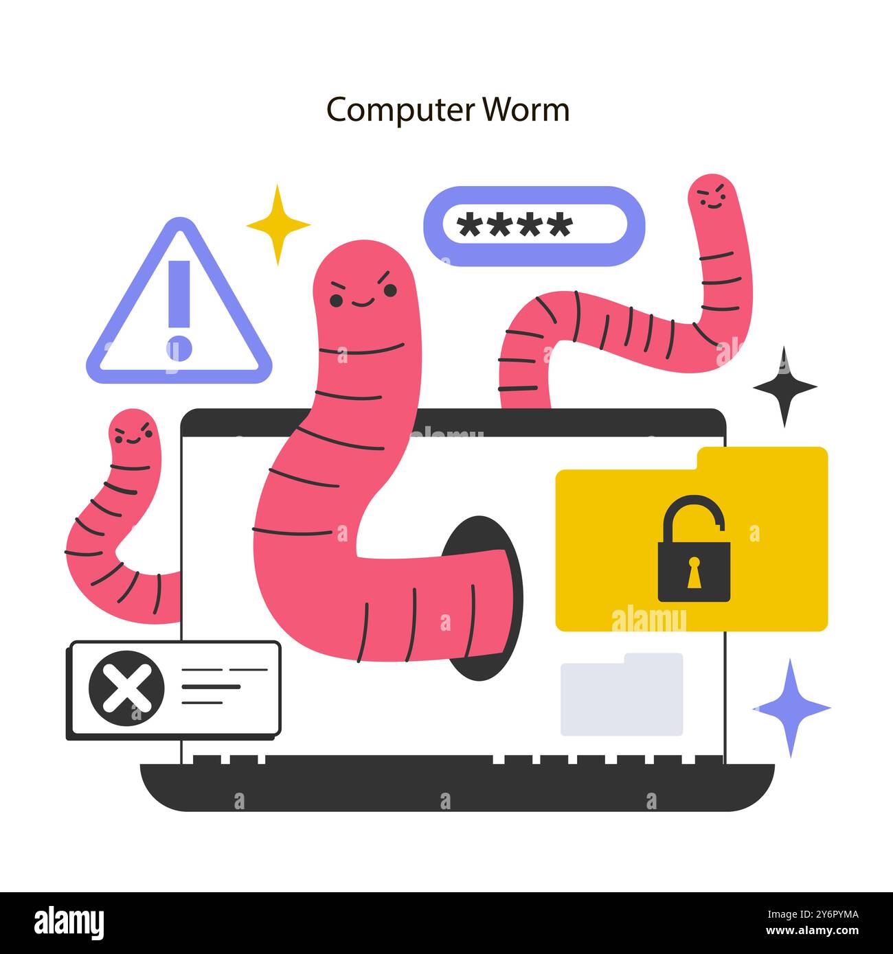 Cyber-attaque vers un ver. Ordinateur portable infecté par un ver ...