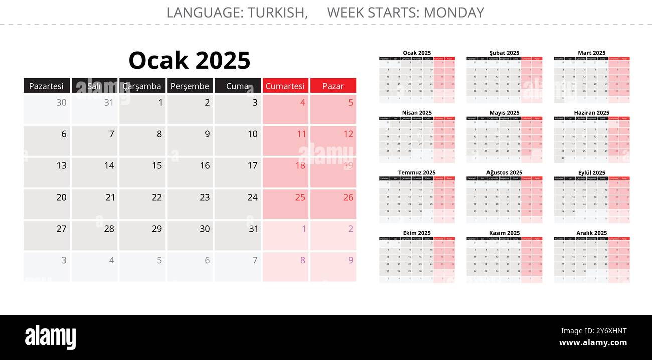 calendrier turc de 2025 ans. Collecte de 12 mois. Illustration ...
