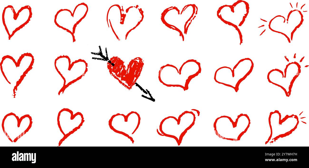 Ensemble de signes de coeurs rouges dessinés au crayon de cire ...