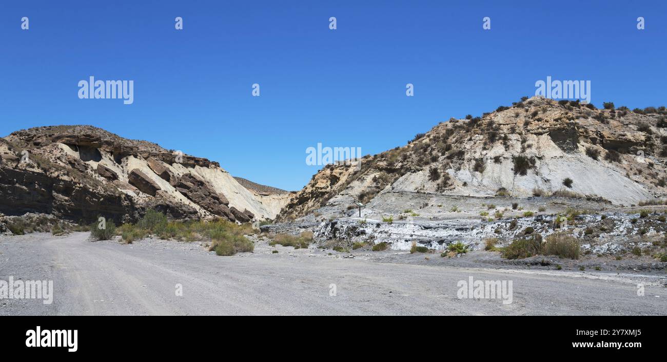 Un paysage désertique aride avec des collines rocheuses et un ciel bleu ...