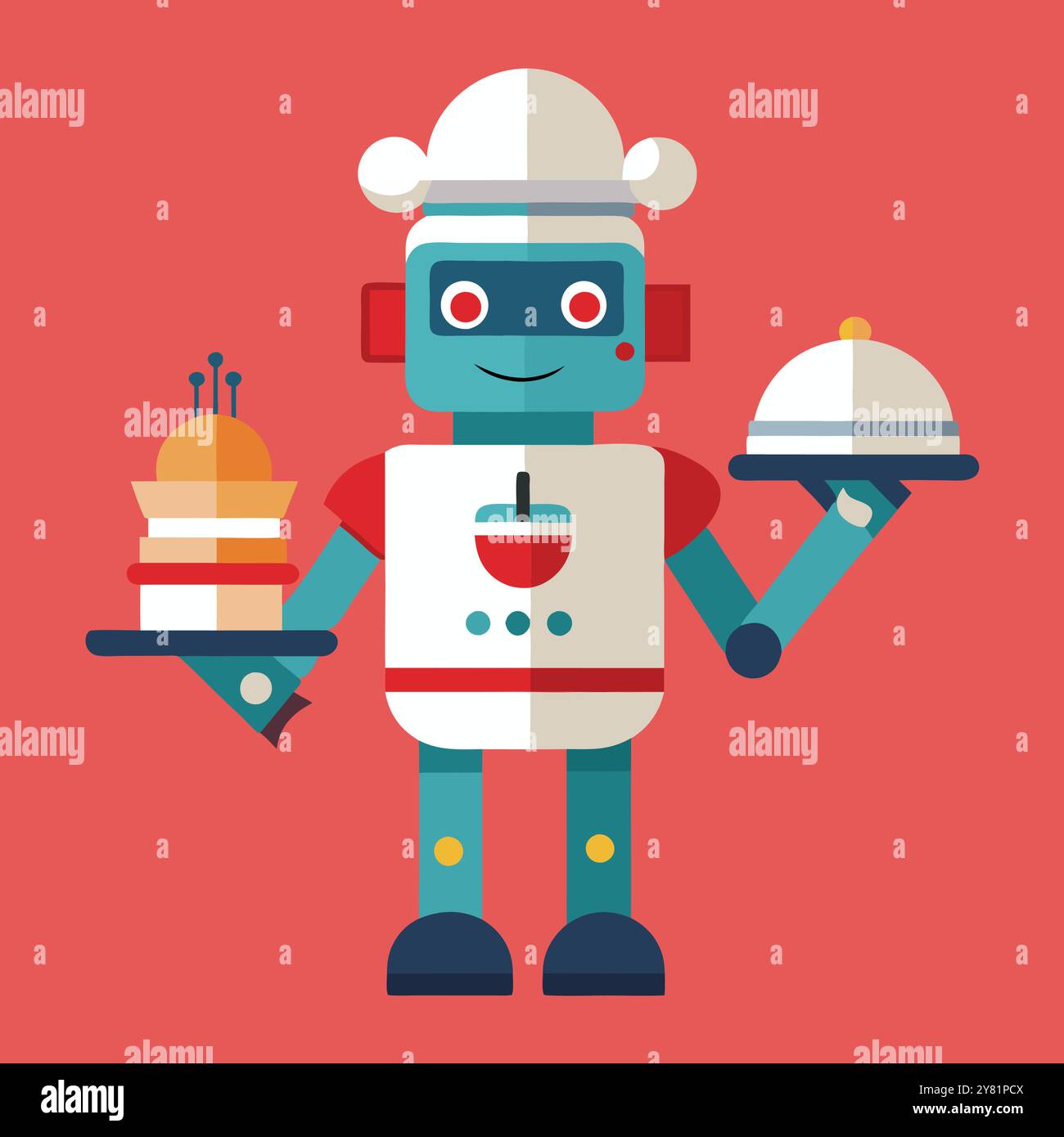 Un chef robot sympathique dans un chapeau de chefs blanc tient un ...