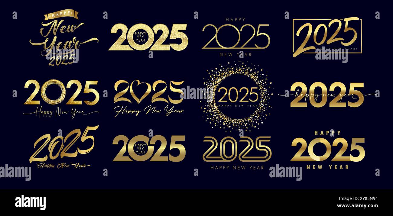 Ensemble de texte de logo de couleur dorée Happy New Year 2025. Concept ...