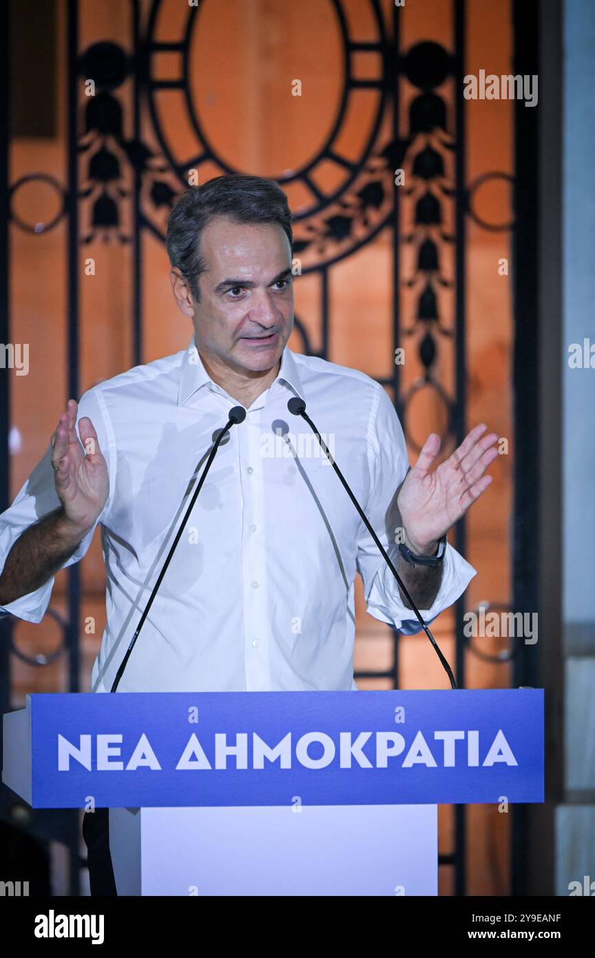 Athènes, Grèce. 4 octobre 2024. Le premier ministre grec Kyriakos Mitsotakis s’adresse à ses ...