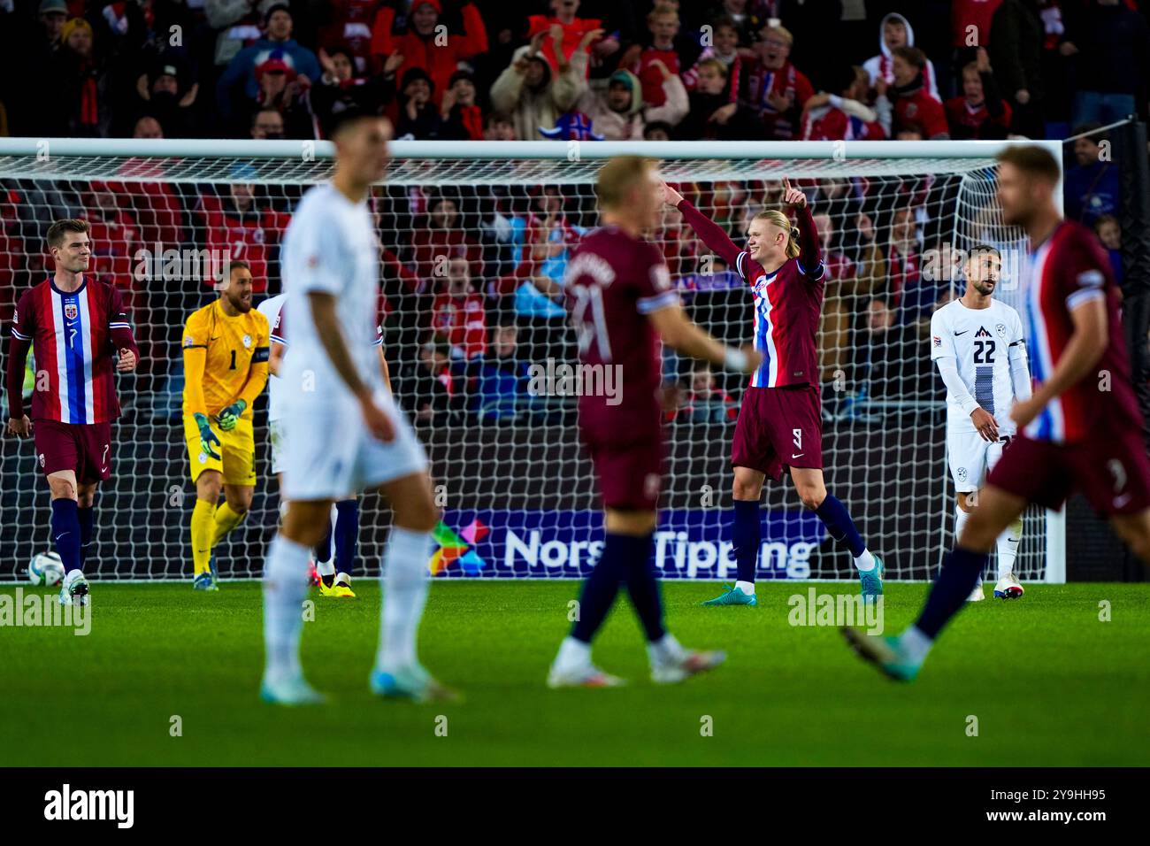 Oslo 20241010. Le norvégien Erling Braut Haaland célèbre sa victoire ...