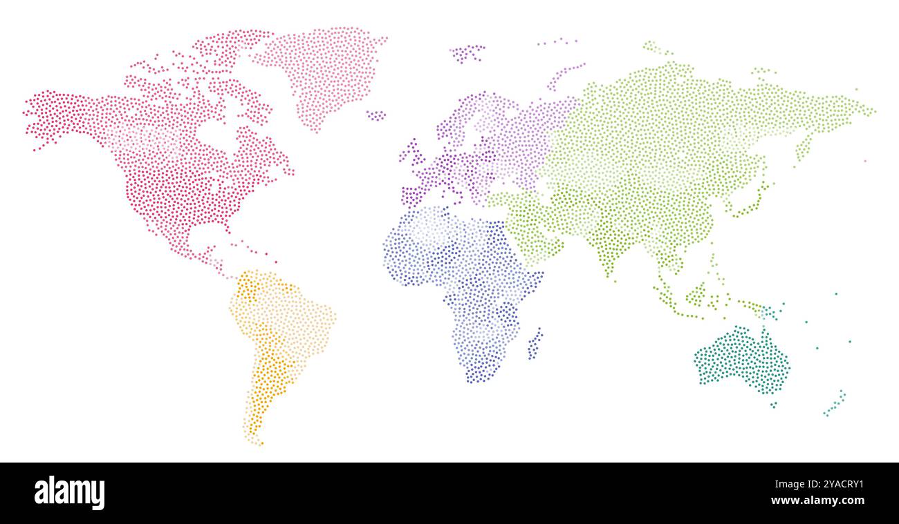 Carte texturée à pointillés du monde colorée par continents ...