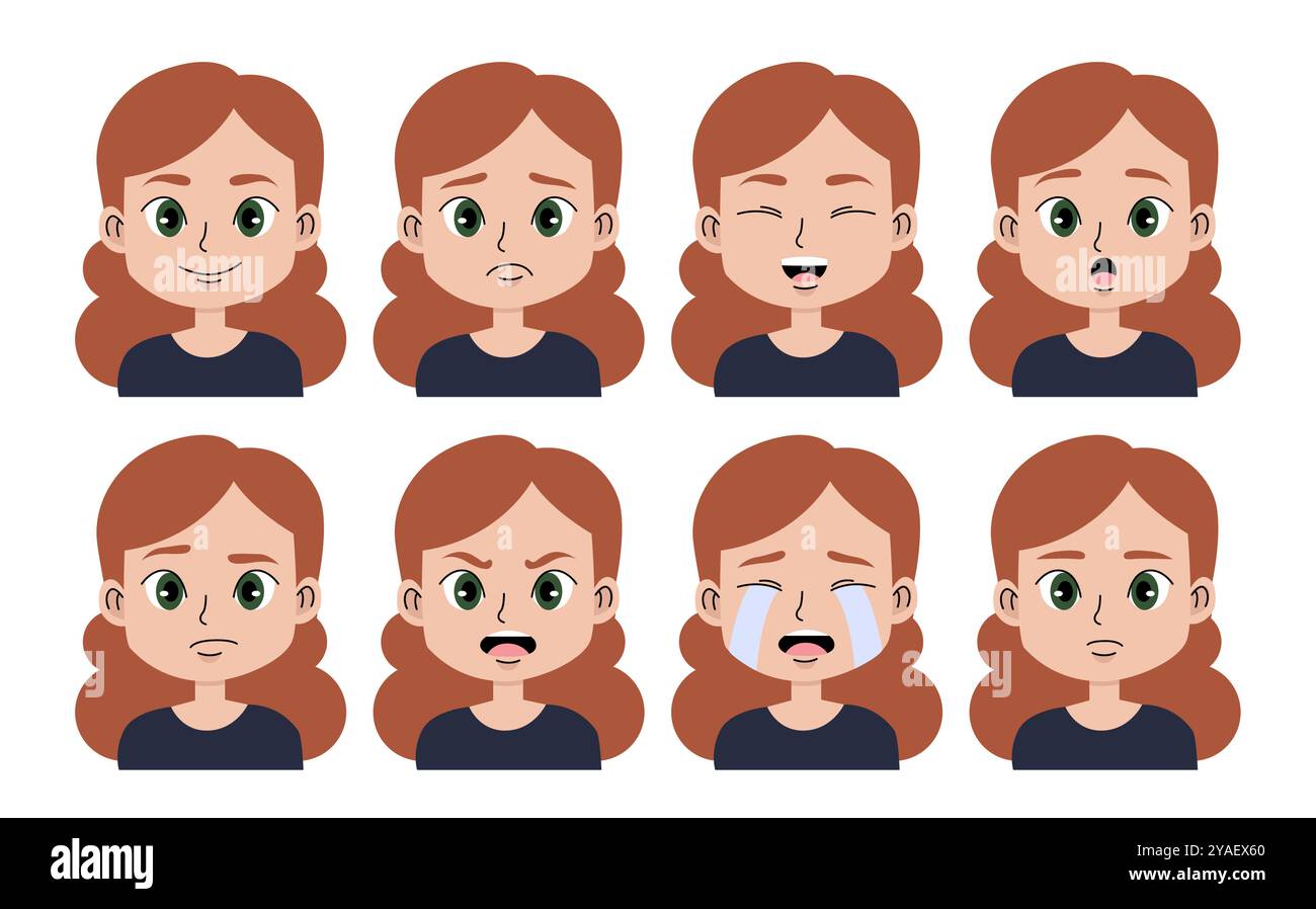 Ensemble de visage de filles. Femme avec des émotions différentes ...