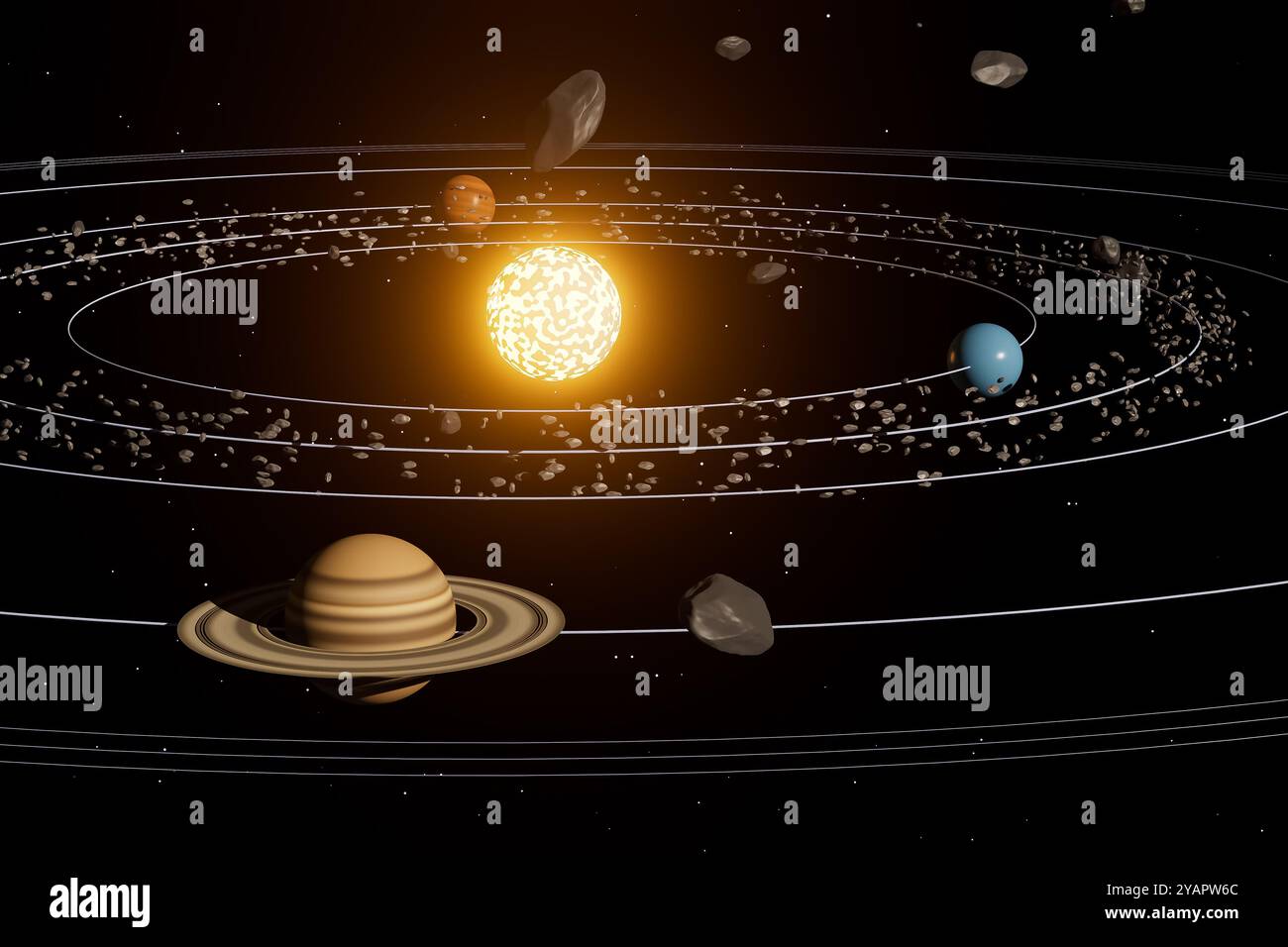 Un gros plan du système solaire avec le soleil au centre et la planète ...