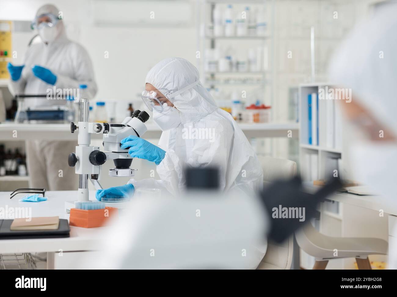 Microscope, epi et scientifique avec test de virus, résultats d'examen ...